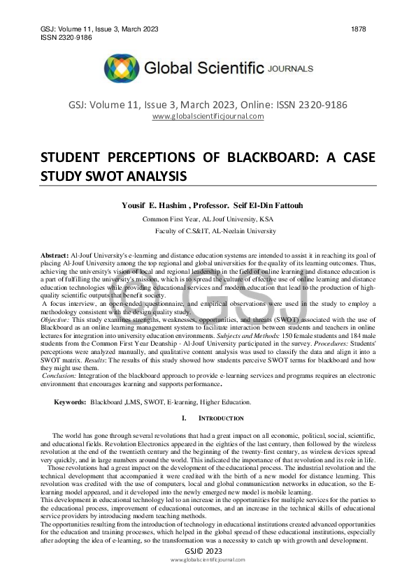 (PDF) STUDENT PERCEPTIONS OF BLACKBOARD: A CASE STUDY SWOT ANALYSIS