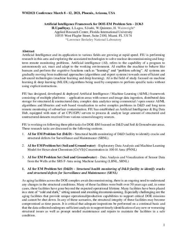 (PDF) Artificial Intelligence Framework for DOE-EM Problem Sets -21363