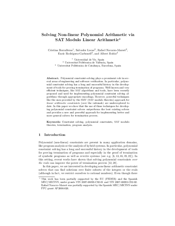 (PDF) Solving non-linear polynomial arithmetic via SAT modulo linear arithmetic
