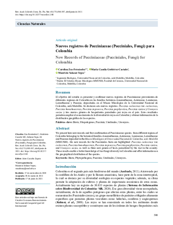 (PDF) Nuevos registros de Pucciniaceae (Pucciniales, Fungi) para Colombia
