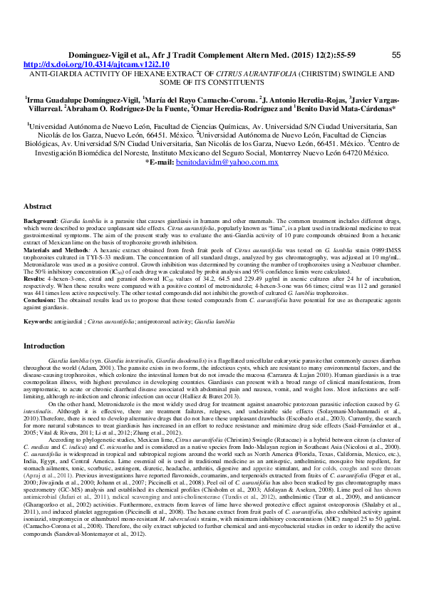 (PDF) Anti-giardia activity of hexane extract of Citrus aurantifolia ...