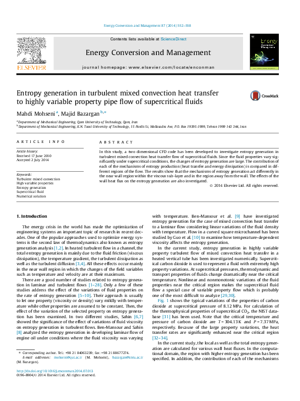 (PDF) Entropy generation in turbulent mixed convection heat transfer to highly variable property ...