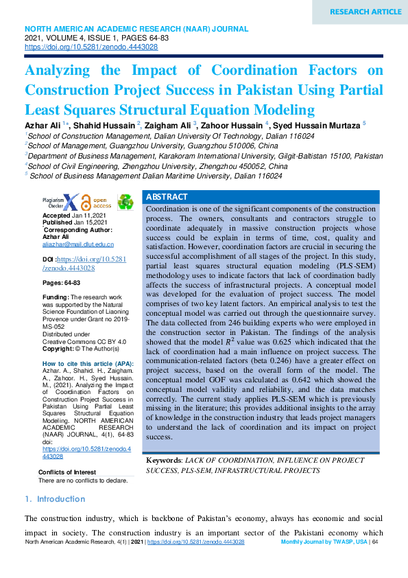 Pdf Analyzing The Impact Of Coordination Factors On Construction Project Success In Pakistan