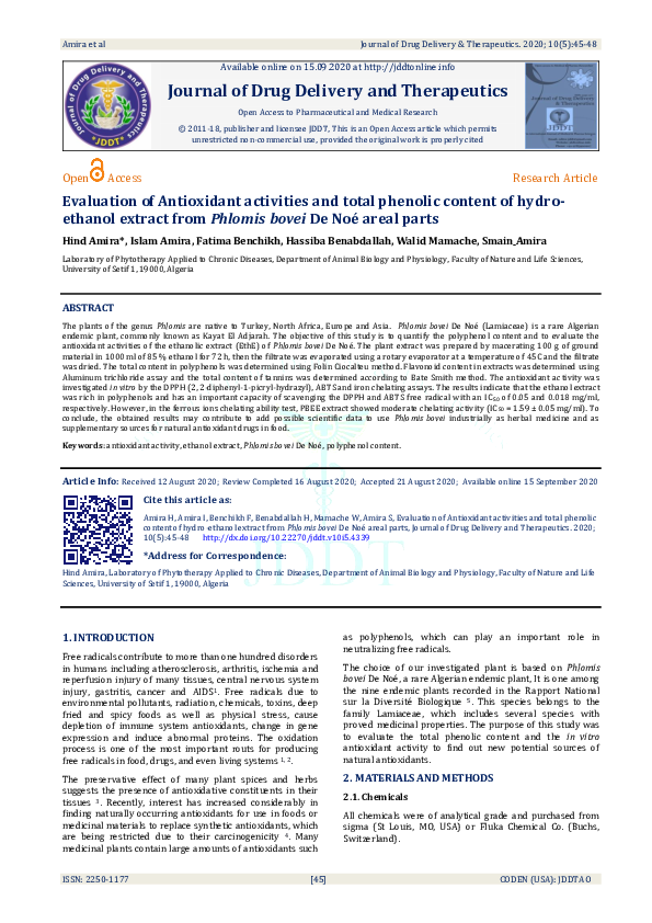 (PDF) Evaluation of Antioxidant activities and total phenolic content of hydro-ethanol extract ...