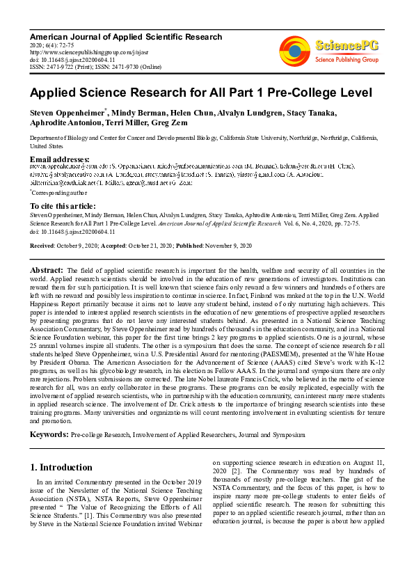 (PDF) Applied Science Research for All Part 1 Pre-College Level