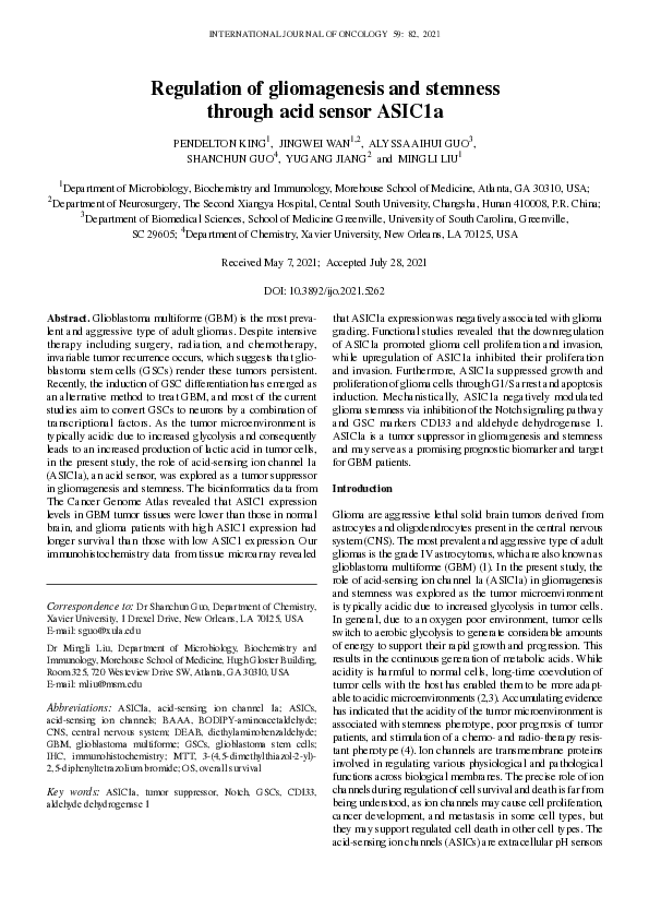 (PDF) Regulation of gliomagenesis and stemness through acid sensor ASIC1a