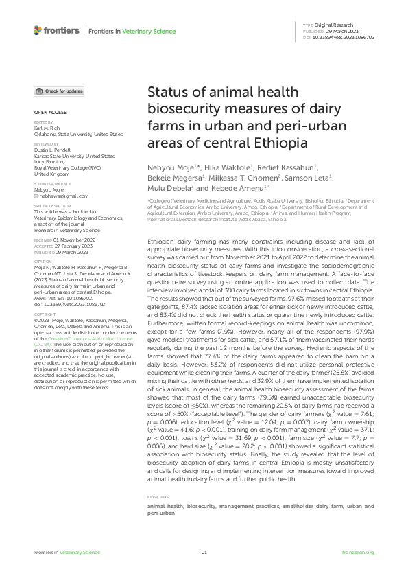 (PDF) Status of animal health biosecurity measures of dairy farms in ...