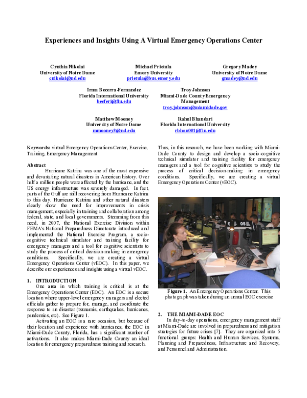(PDF) Experiences and Insights Using A Virtual Emergency Operations Center