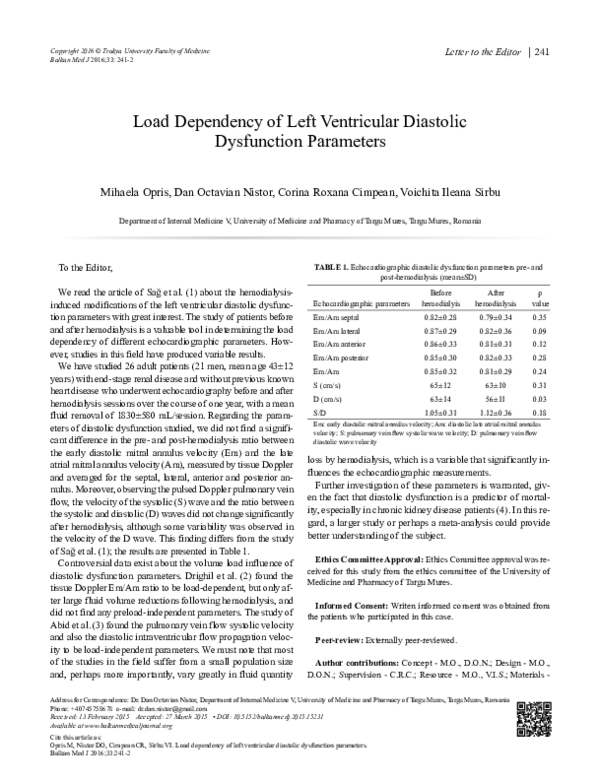 (PDF) Load Dependency of Left Ventricular Diastolic Dysfunction Parameters