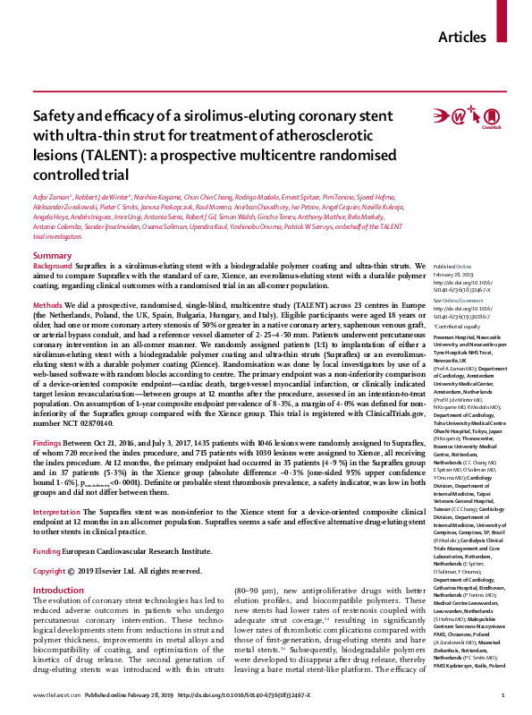 (PDF) Safety and efficacy of a sirolimus-eluting coronary stent with ...