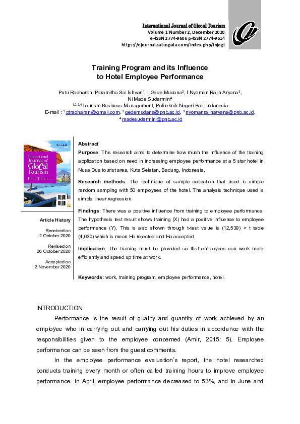 (PDF) Training Program and its Influence to Hotel Employee Performance