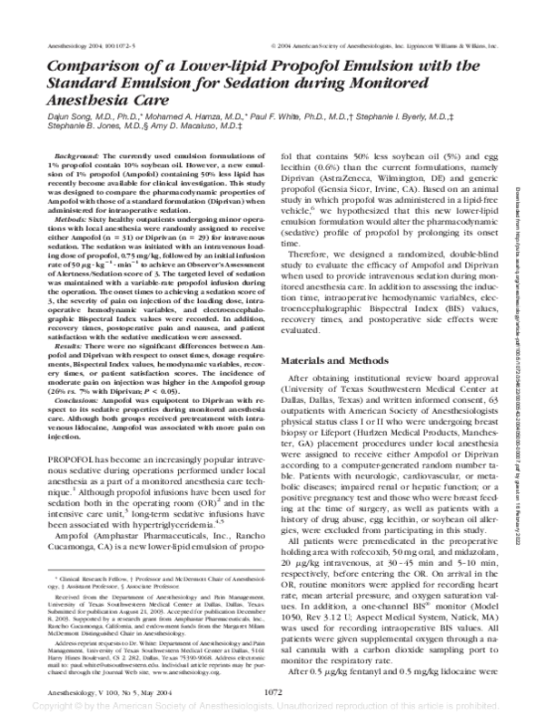 (PDF) Comparison of a Lower-lipid Propofol Emulsion with the Standard ...