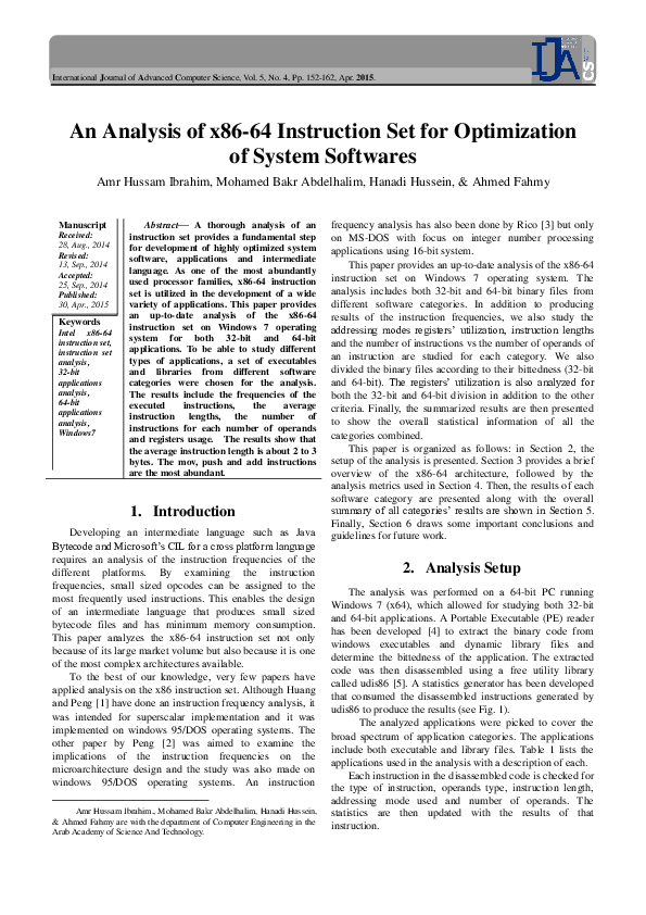 Pdf An Analysis Of X86 64 Instruction Set For Optimization Of System Softwares
