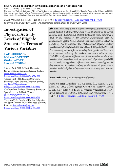 (PDF) Investigation of Physical Activity Levels of Eligible Students in Terms of Various Variables