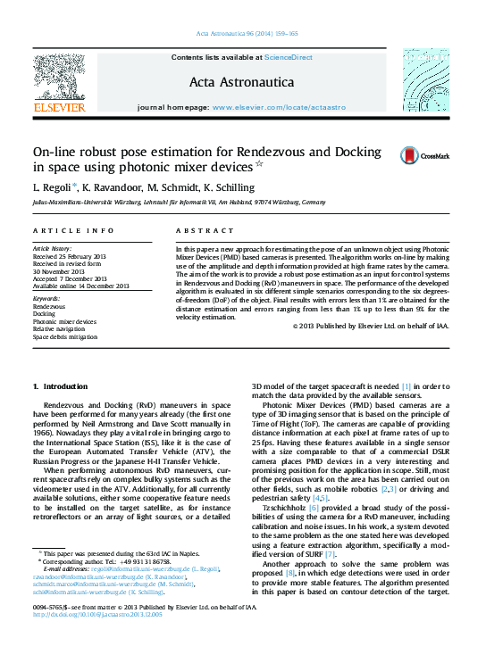 Pdf On Line Robust Pose Estimation For Rendezvous And Docking In Space Using Photonic Mixer