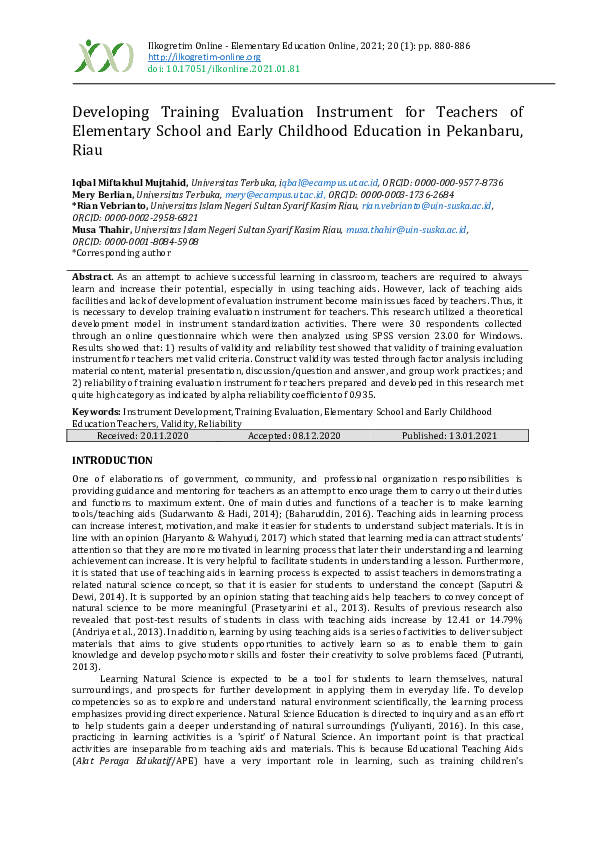 (PDF) Developing Training Evaluation Instrument for Teachers of Elementary School and Early ...