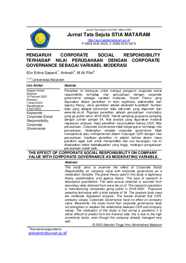 (PDF) PENGARUH CORPORATE SOCIAL RESPONSIBILITY TERHADAP NILAI ...