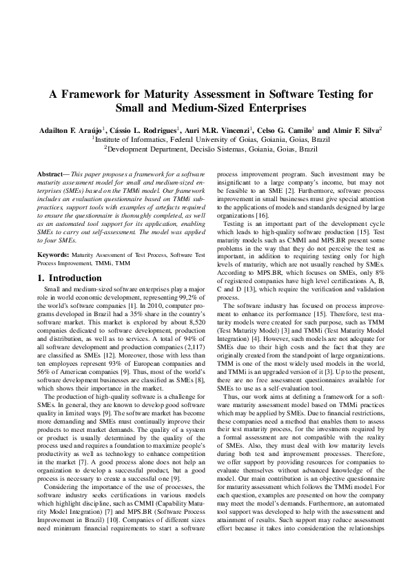 (PDF) A Framework for Maturity Assessment in Software Testing for Small ...