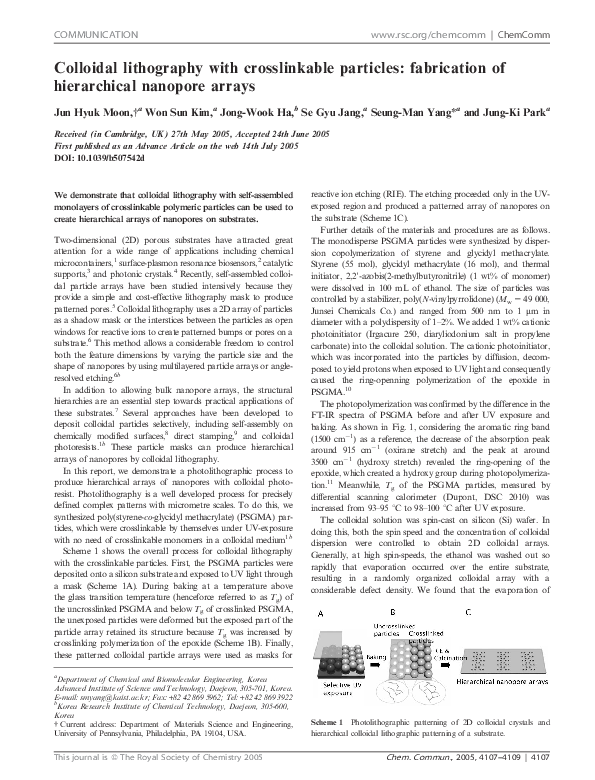 (PDF) Colloidal lithography with crosslinkable particles: fabrication ...