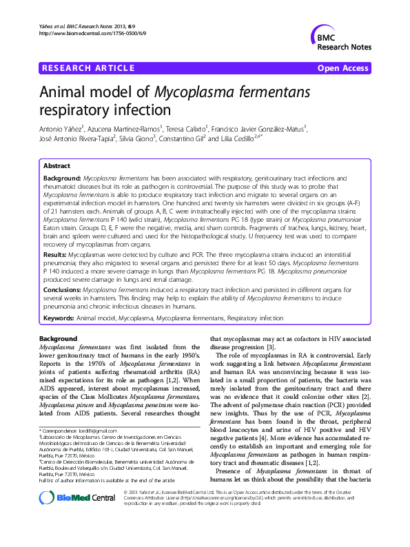 (PDF) Animal model of Mycoplasma fermentans respiratory infection