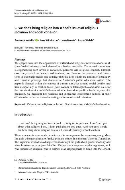 (PDF) ‘…We Don’t Bring Religion Into School’: Issues of Religious ...