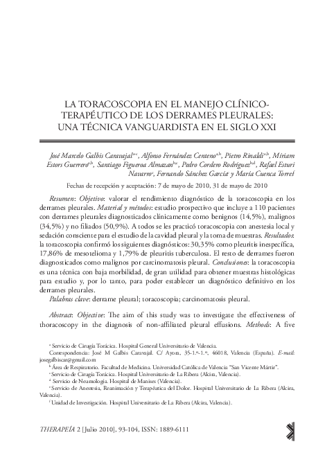 (PDF) La toracoscopia en el manejo clínico-terapéutico de los derrames ...