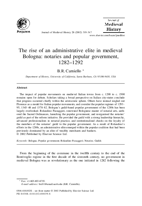 (PDF) The rise of an administrative elite in medieval Bologna: notaries ...
