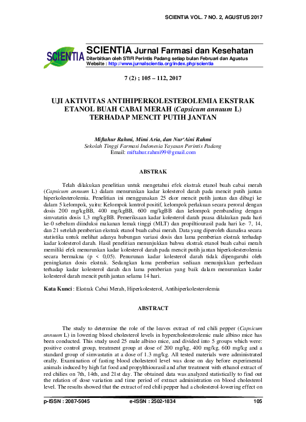 (PDF) UJI AKTIVITAS ANTIHIPERKOLESTEROLEMIA EKSTRAK ETANOL BUAH CABAI ...