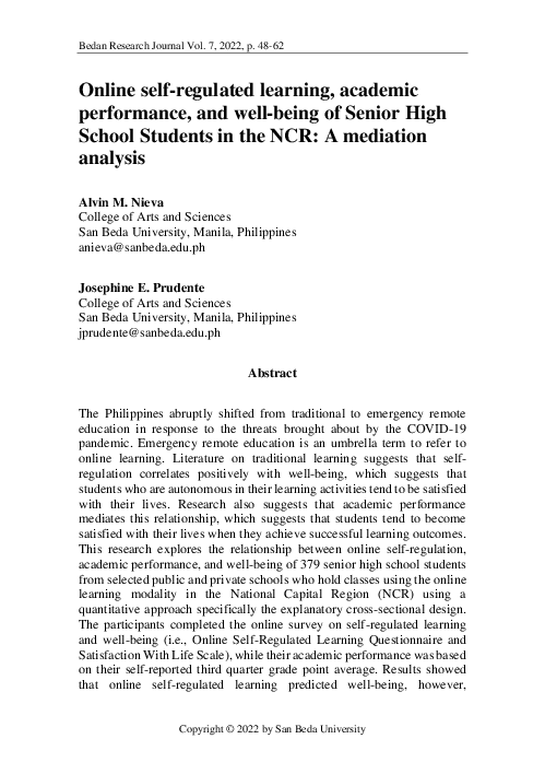 (PDF) Online self-regulated learning, academic performance, and well-being of Senior High School ...
