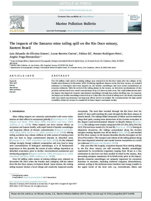 (PDF) The impacts of the Samarco mine tailing spill on the Rio Doce ...