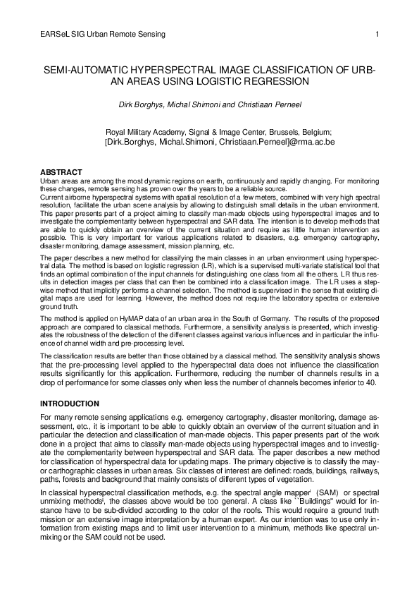 (PDF) Semi-Automatic Hyperspectral Image Classification of Urban Areas Using Logistic Regression