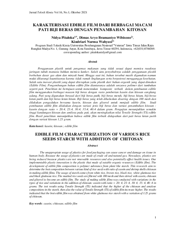 (PDF) Karakterisasi Edible Film Dari Berbagai Macam Pati Biji Beras Dengan Penambahan Kitosan