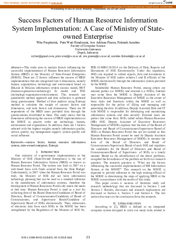 (PDF) Success Factors of Human Resource Information System Implementation: A Case of Ministry of ...
