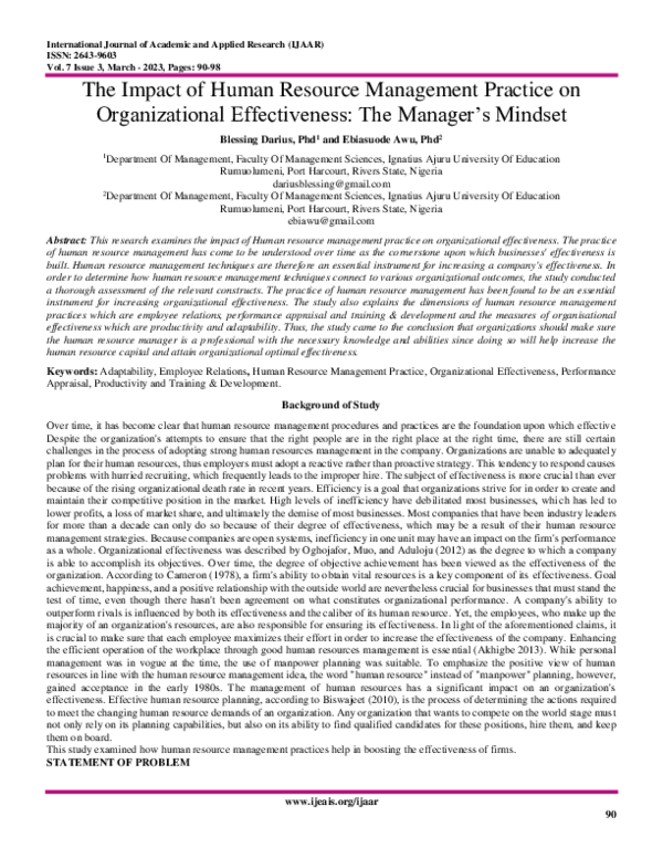 (PDF) The Impact of Human Resource Management Practice on Organizational Effectiveness: The ...