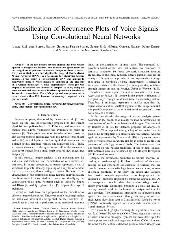 Pdf Classification Of Recurrence Plots Of Voice Signals Using Convolutional Neural Networks