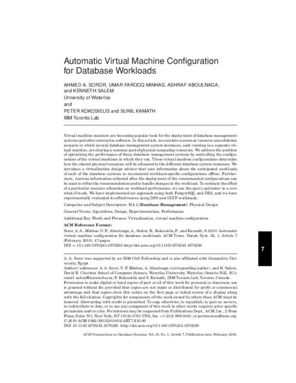 (PDF) Automatic virtual machine configuration for database workloads