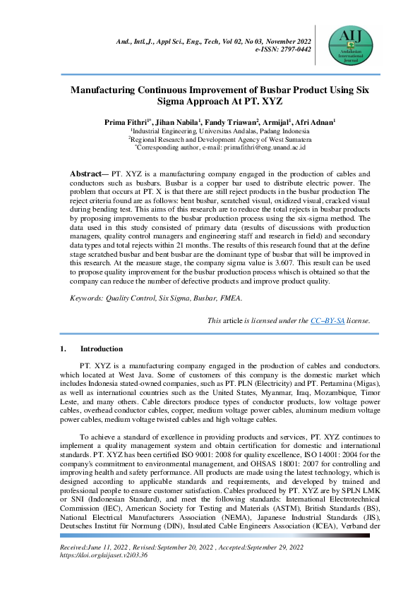 (PDF) Manufacturing Continuous Improvement of Busbar Product Using Six Sigma Approach At PT.XYZ