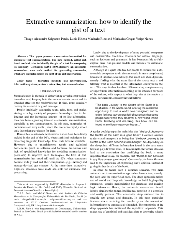 Pdf Extractive Summarization How To Identify The Gist Of A Text