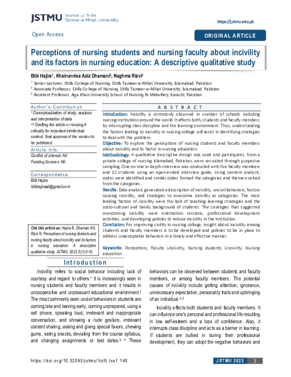 (PDF) Perceptions of nursing students and nursing faculty about incivility and its factors in ...