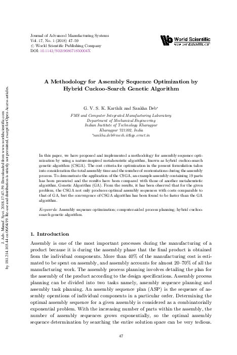 Pdf A Methodology For Assembly Sequence Optimization By Hybrid Cuckoo Search Genetic Algorithm