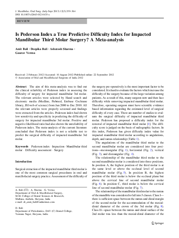 (PDF) Is Pederson Index a True Predictive Difficulty Index for Impacted ...