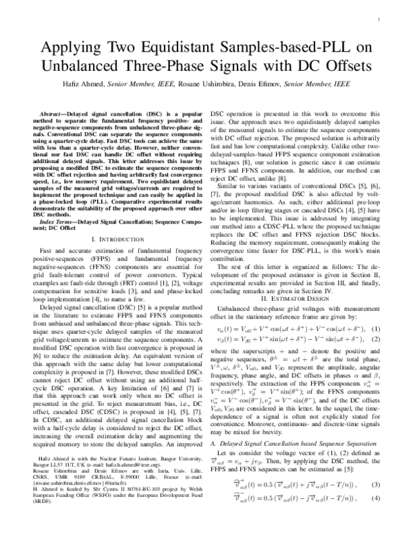 Pdf Applying Two Equidistant Samples Based Pll On Unbalanced Three Phase Signals With Dc Offsets