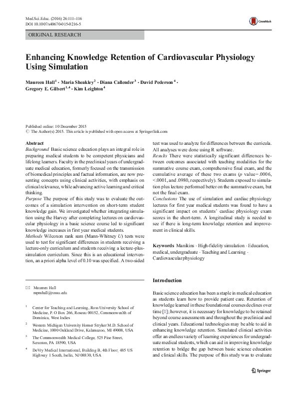 (PDF) Enhancing Knowledge Retention of Cardiovascular Physiology Using ...