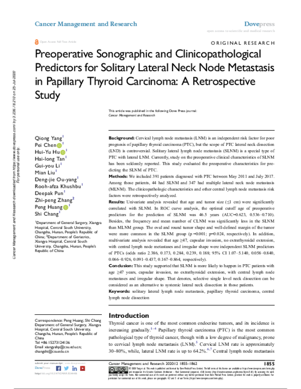 (PDF) Preoperative Sonographic and Clinicopathological Predictors for Solitary Lateral Neck Node ...