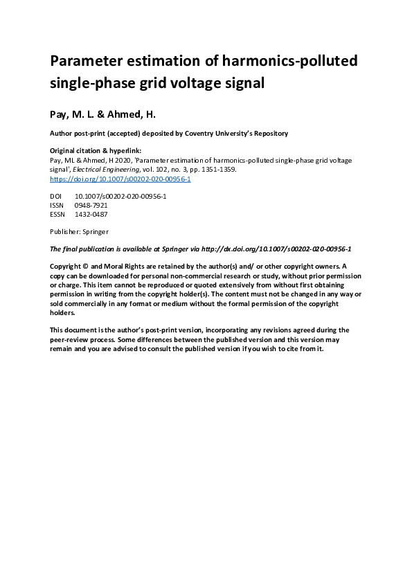 (PDF) Parameter estimation of harmonics-polluted single-phase grid voltage signal