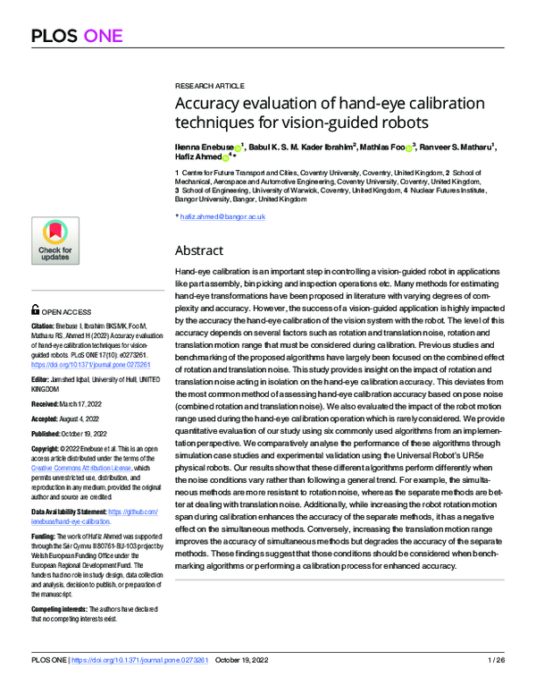 (PDF) Accuracy evaluation of hand-eye calibration techniques for vision-guided robots