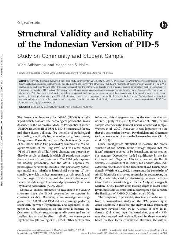 (PDF) Structural Validity and Reliability of the Indonesian Version of PID-5