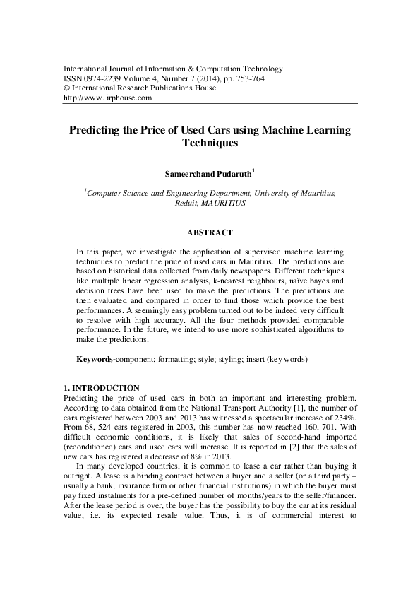 (PDF) Predicting the Price of Used Cars using Machine Learning Techniques