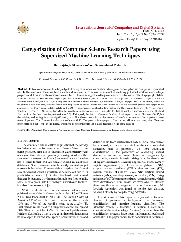 (PDF) Categorisation of Computer Science Research Papers using Supervised Machine Learning ...