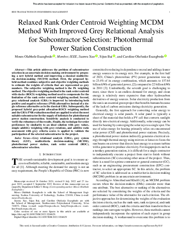 (PDF) Relaxed Rank Order Centroid Weighting MCDM Method With Improved Grey Relational Analysis ...